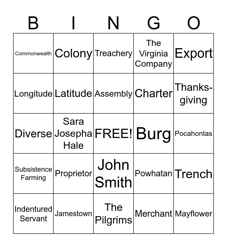 Colonial Vocab! Bingo Card