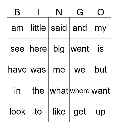 Sight Words K/1st Bingo Card