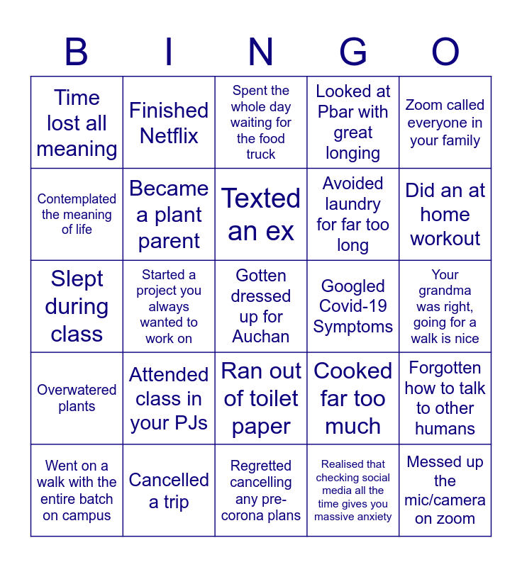Quarantine Bingo Card
