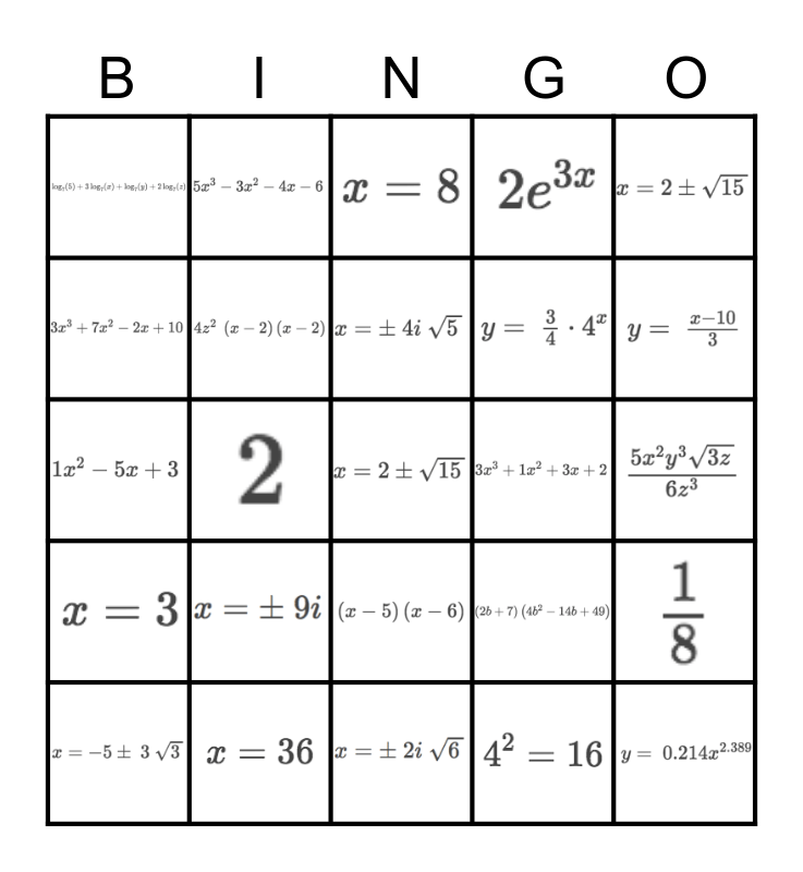 Algebra II Bingo Card