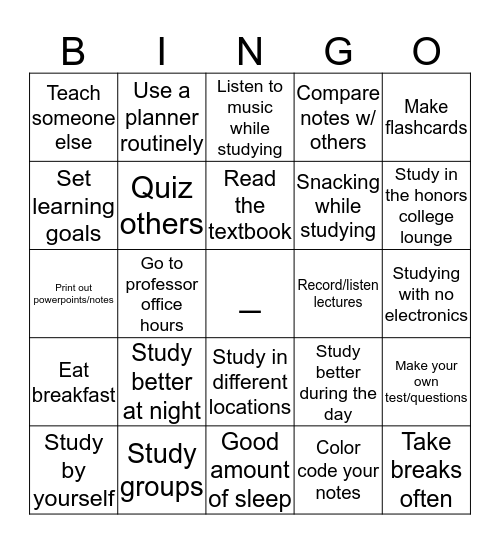 Study Skills Bingo Card