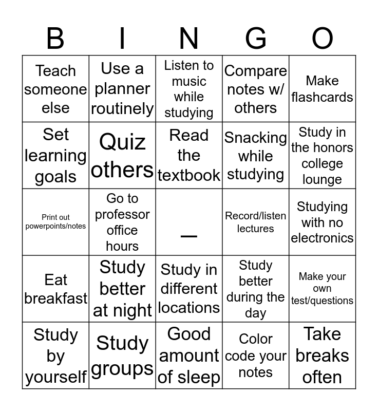 Study Skills Bingo Card