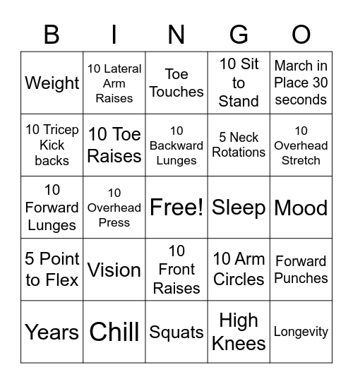 HEALTH AND FITNESS BINGO Card