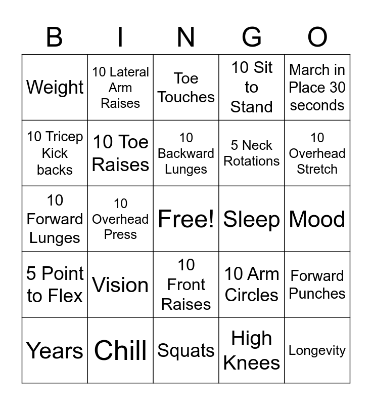 HEALTH AND FITNESS BINGO Card