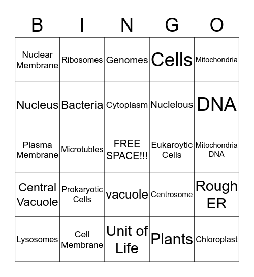 Animal Cells Bingo Card