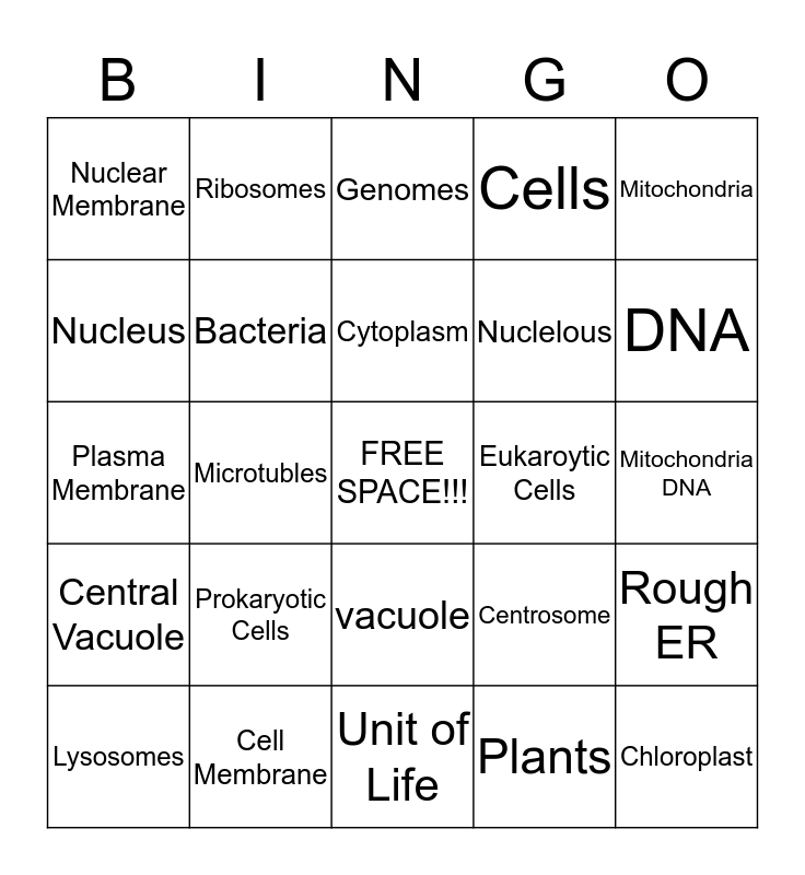 Animal Cells Bingo Card