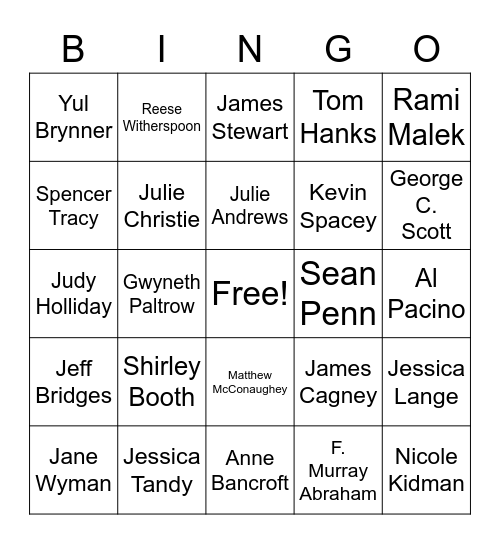 Hollywood Bingo Card