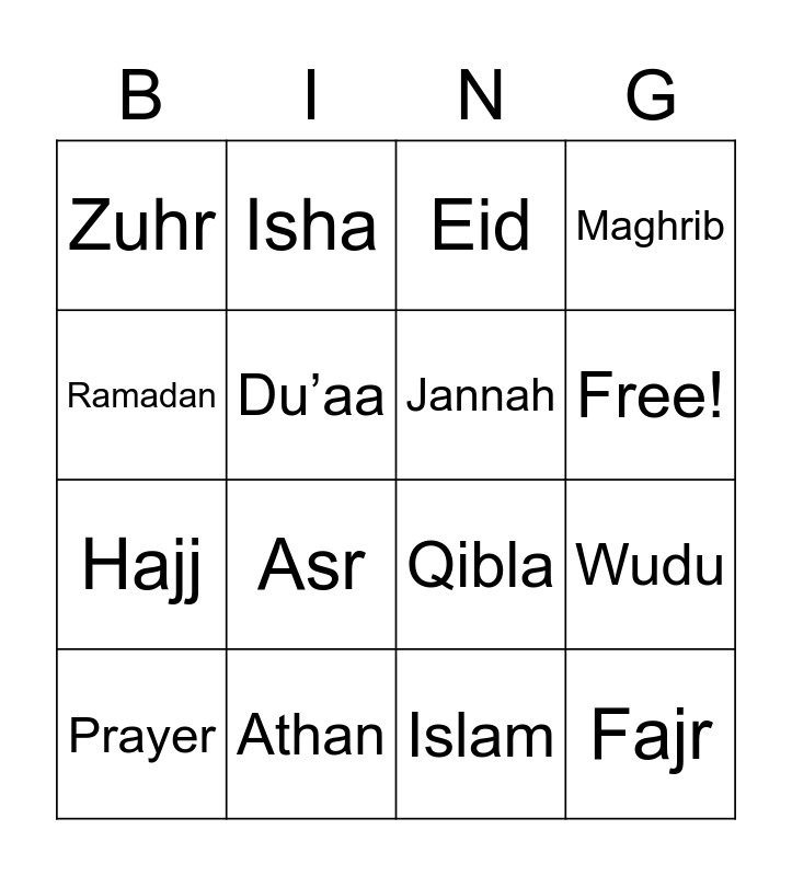 Islam Bingo Card