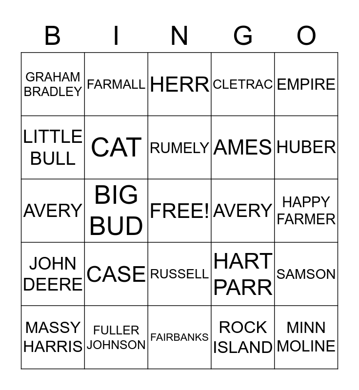 TRACTOR BINGO Card