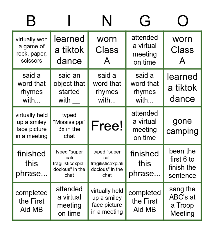 Never Have I Ever Bingo Card
