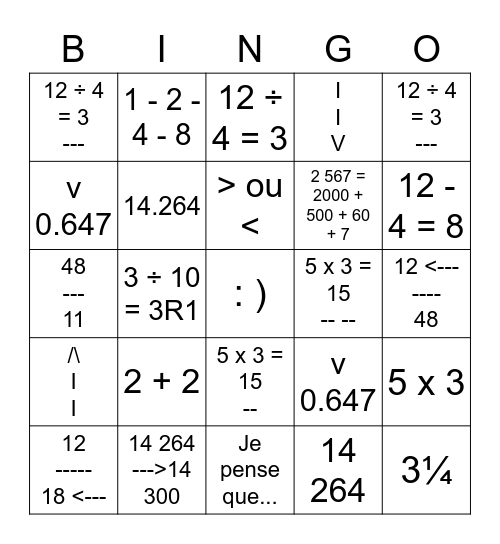 J'adore les mathématiques!! Bingo Card