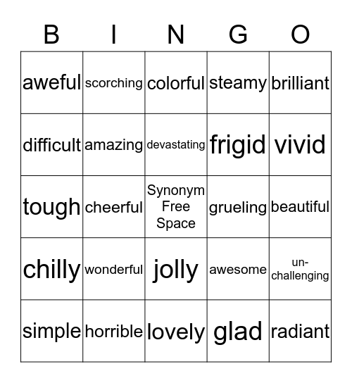 Synonym Bingo Card