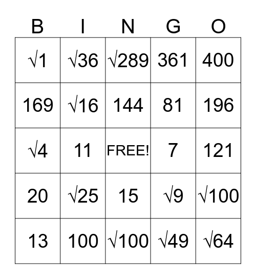 Squares and Square Root Bingo Card