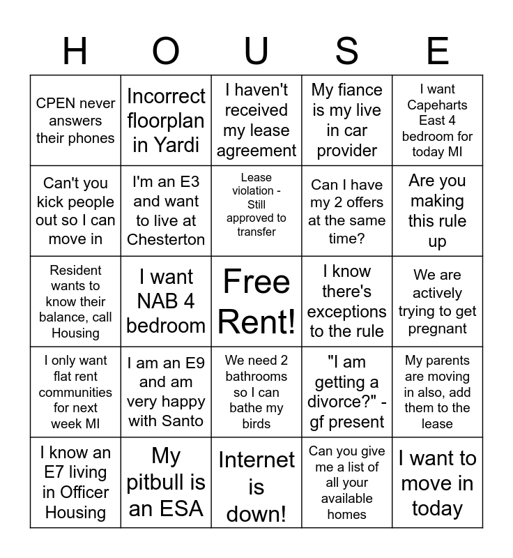 Housing Bingo Card