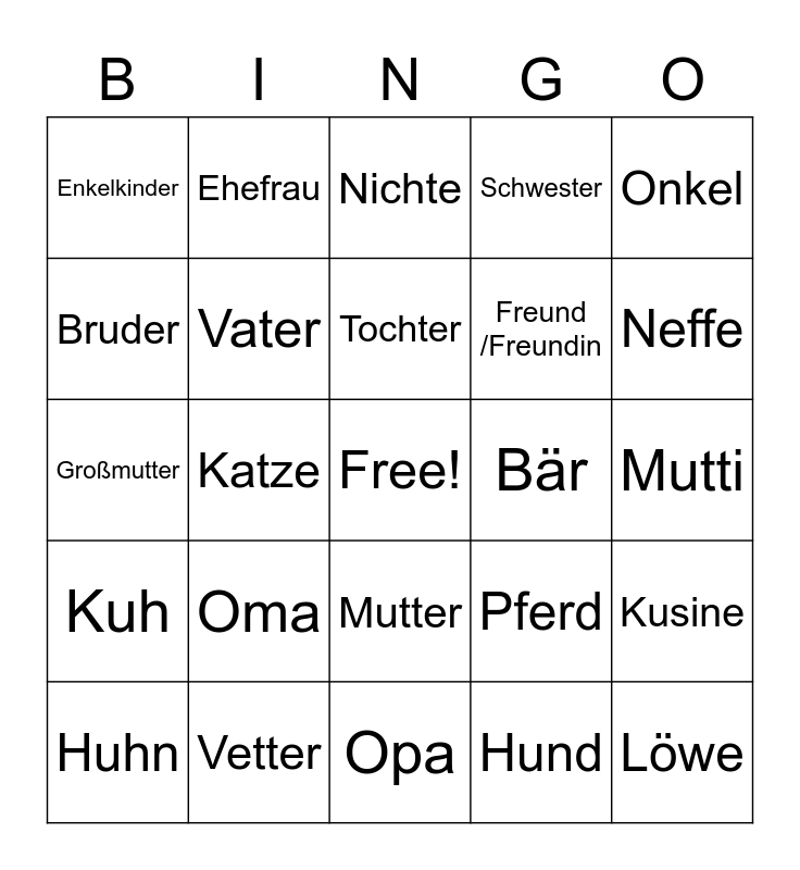 German Basics - Family Bingo Card