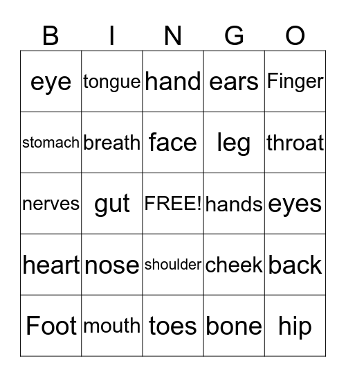 Body Idiom Bingo Card