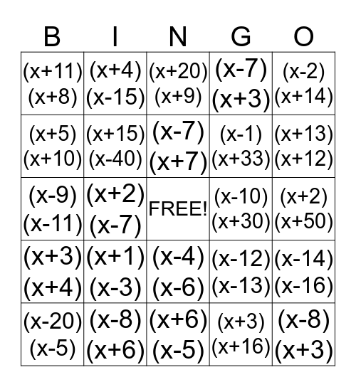 Factoring Bingo Card