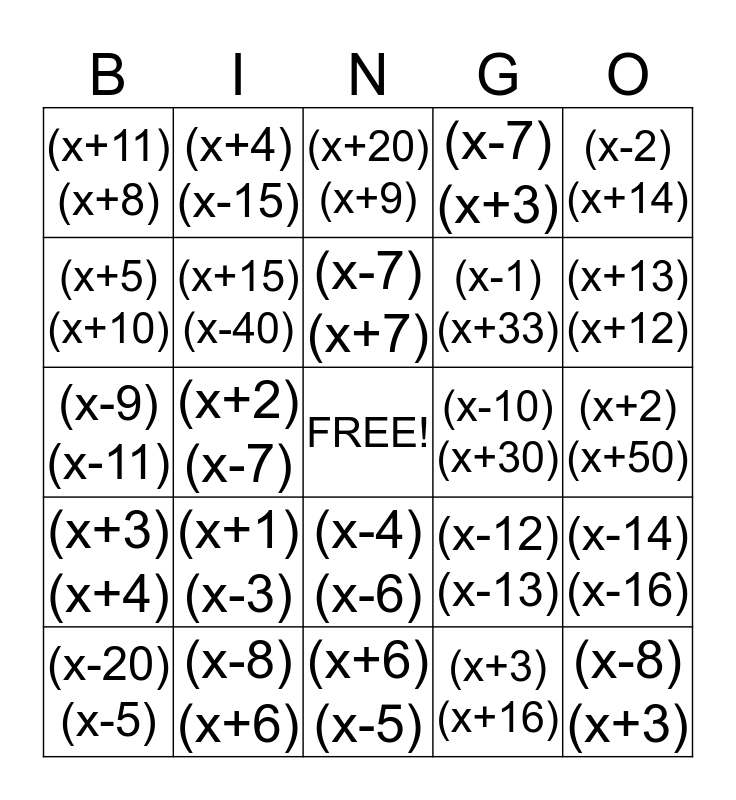 Factoring Bingo Card
