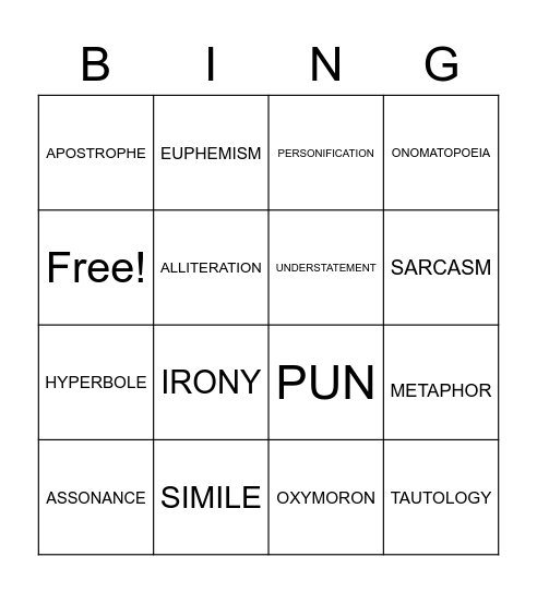 FIGURES OF SPEECH AND POETIC DEVICES Bingo Card