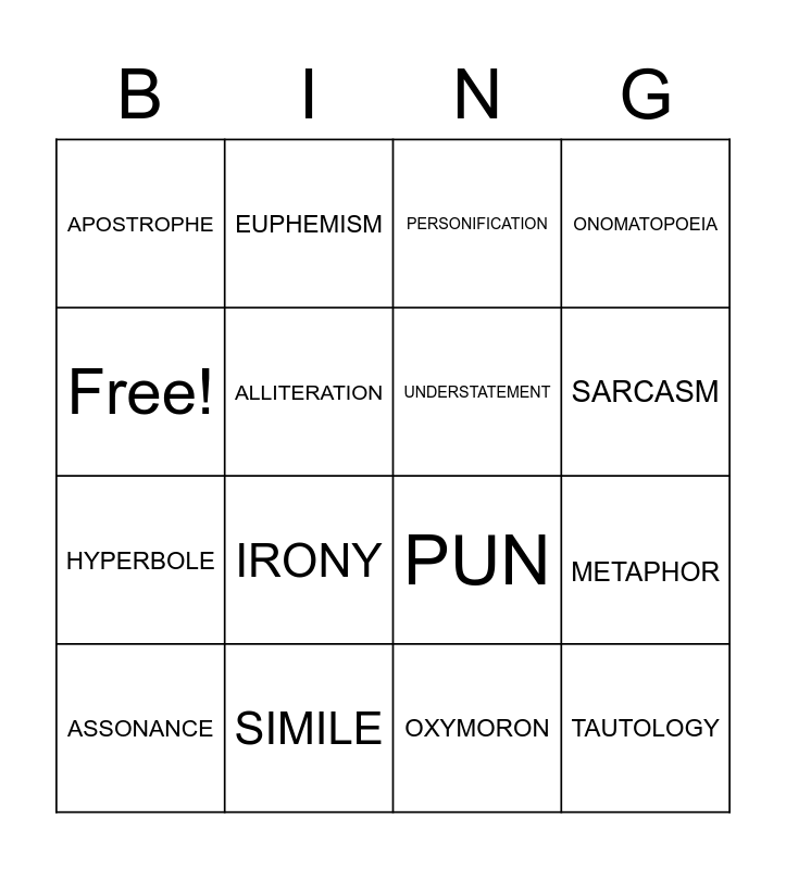 FIGURES OF SPEECH AND POETIC DEVICES Bingo Card