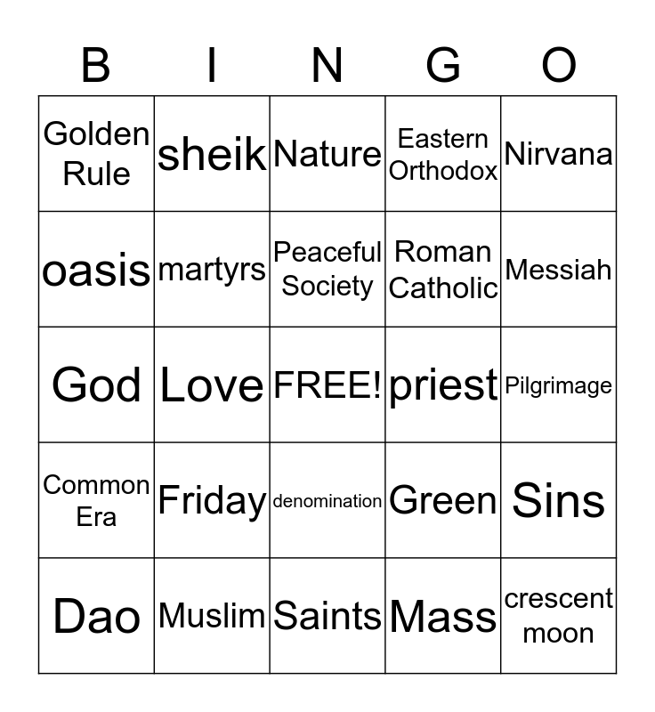 Religion Bingo Card