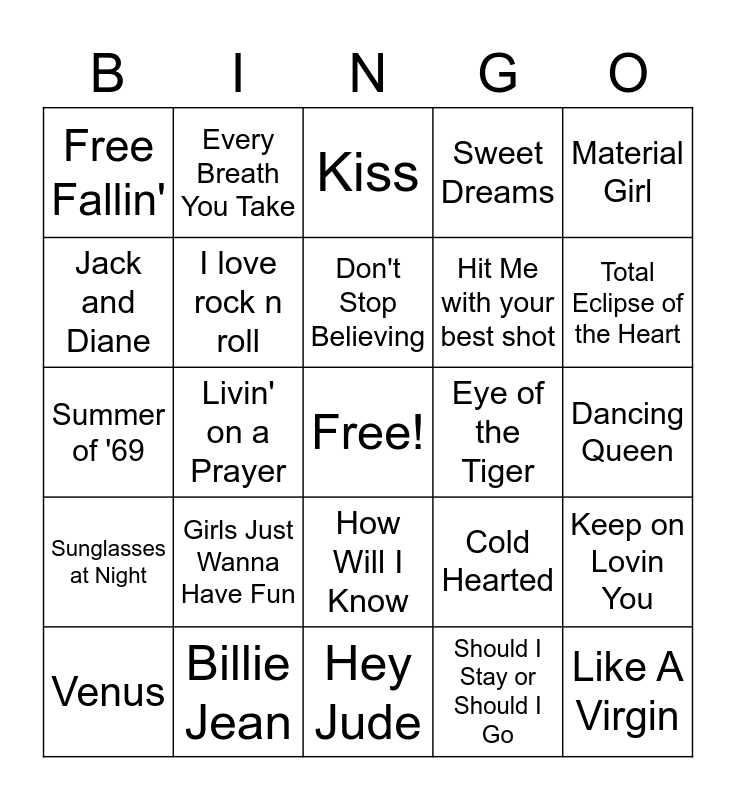 80's Song Bingo Card