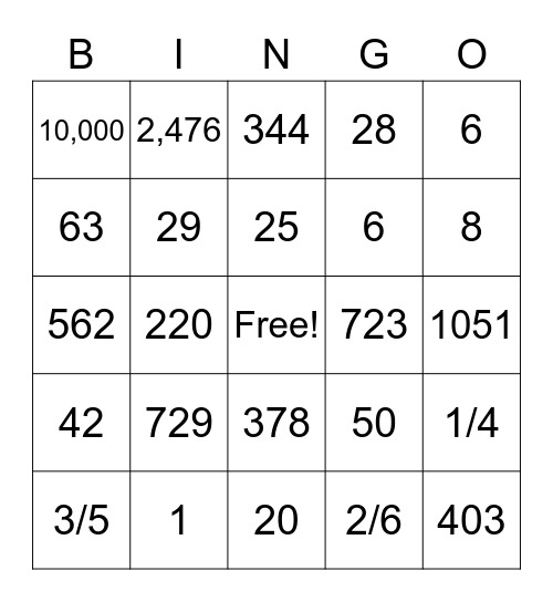 Math Bingo Card
