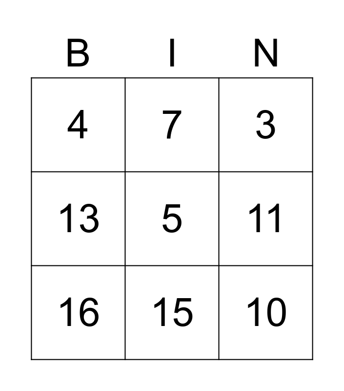 Numbers 1-17 Bingo Card