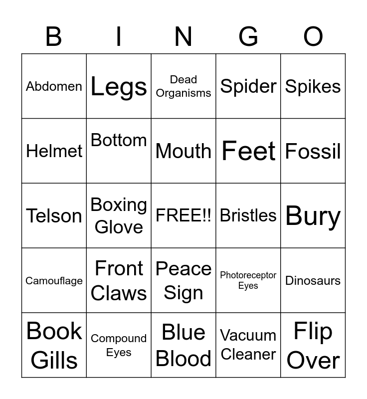 Horseshoe Crab Anatomy Bingo Card