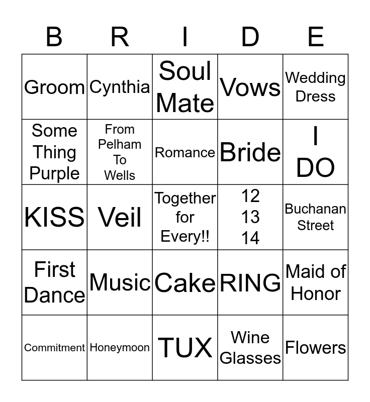Tarrence & Cynthia Wedding 12-13-14 Bingo Card