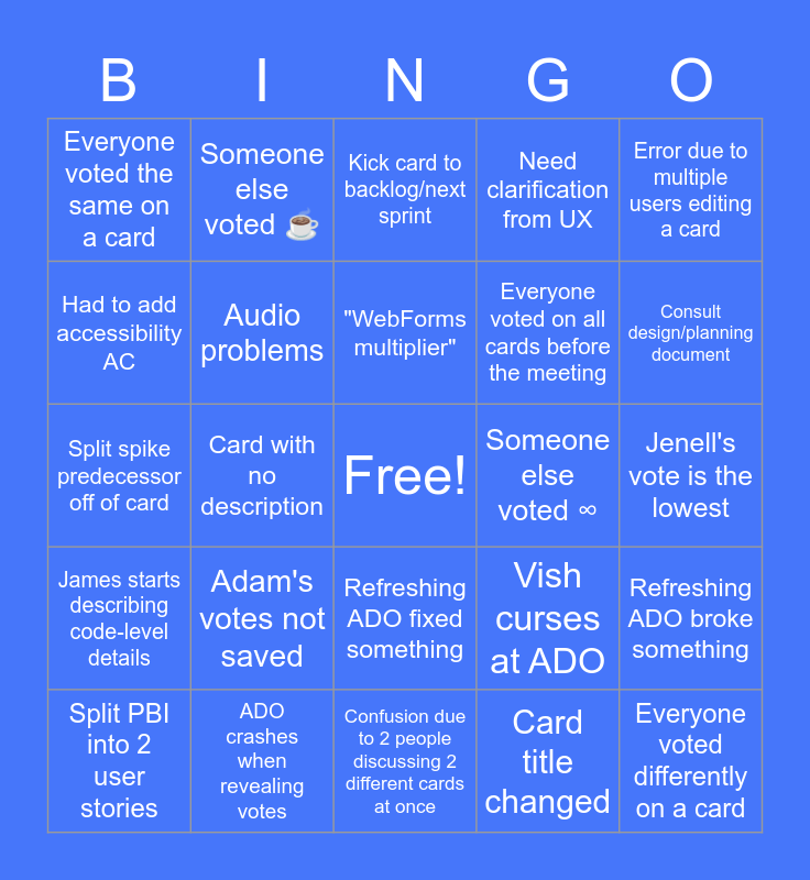 Blue Team Estimation Bingo Card