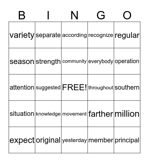 5th Grade Word Bingo Card