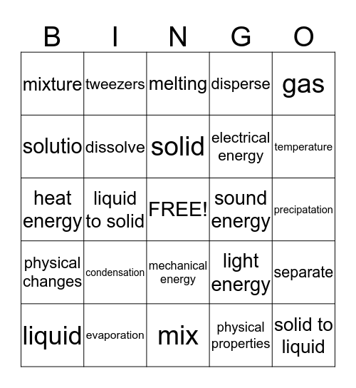 Science - Matter/Energy Bingo Card