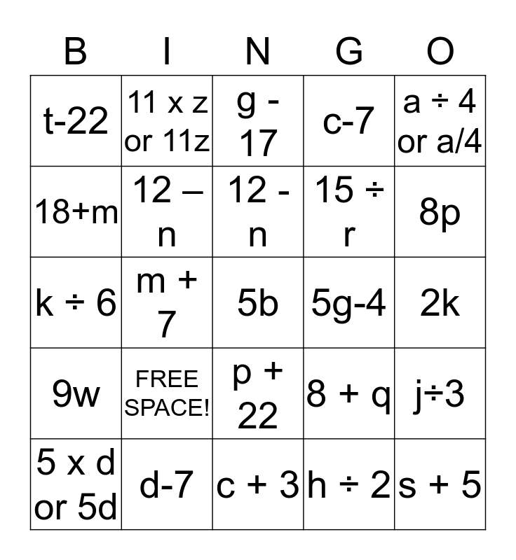 Algebraic Expressions Bingo Card