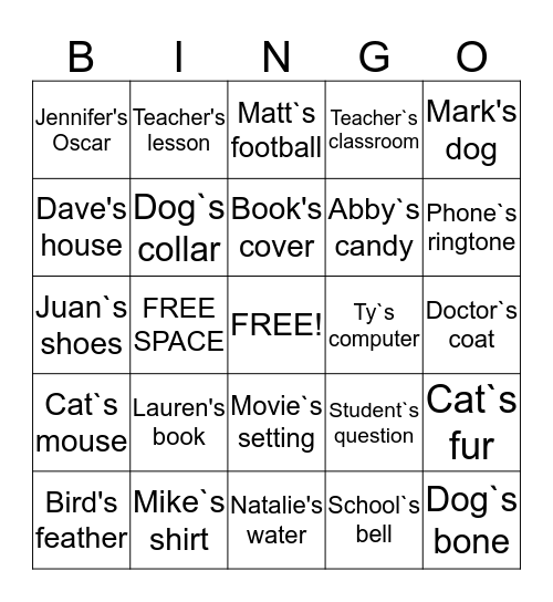 Possessive Noun Bingo Bingo Card