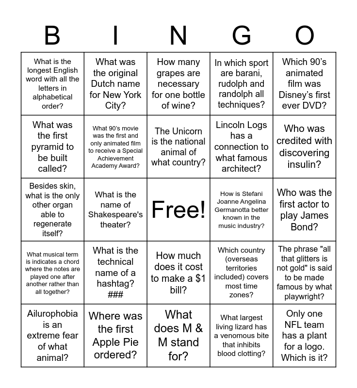 Trivia Bingo Card Trivia Bingo Card