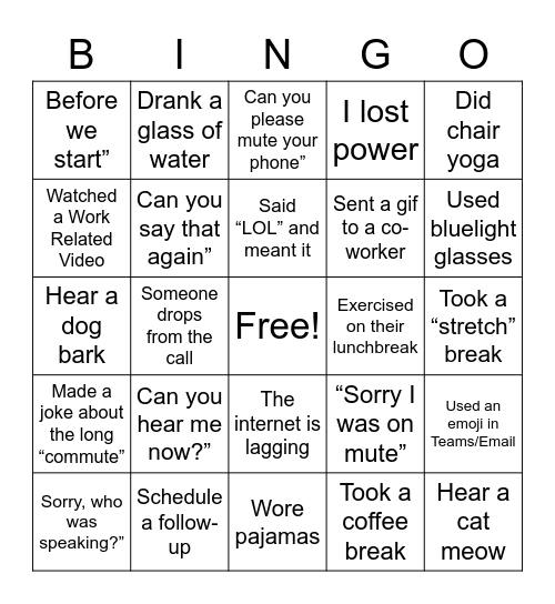 Working Remotely Bingo Card Working Remotely Bingo Card