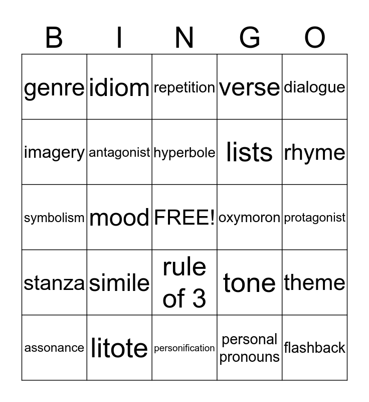 Literary Devices Bingo Card