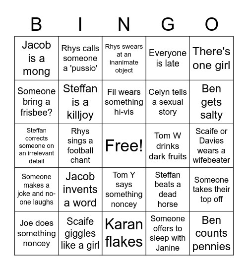 Prom Patrol Outing Bingo Card