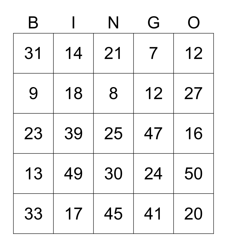 Number 1-50 Bingo Card