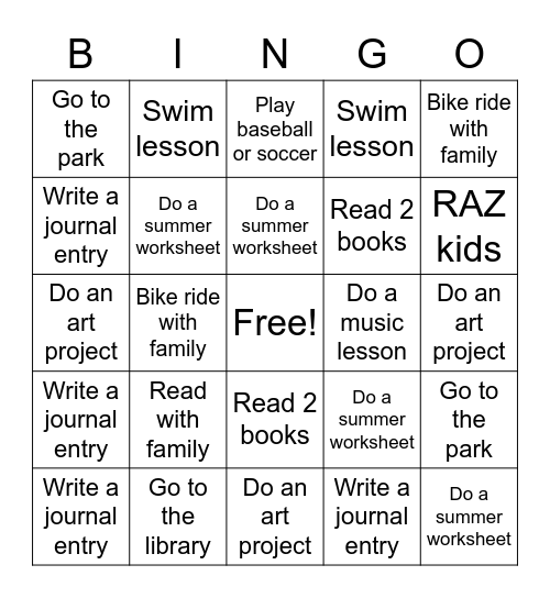 Summer Activity Bingo Card