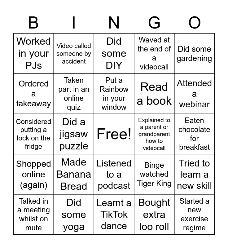 Lockdown Bingo Card