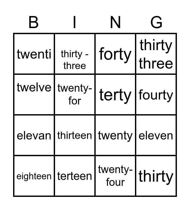 Numbers to 40 Bingo Card