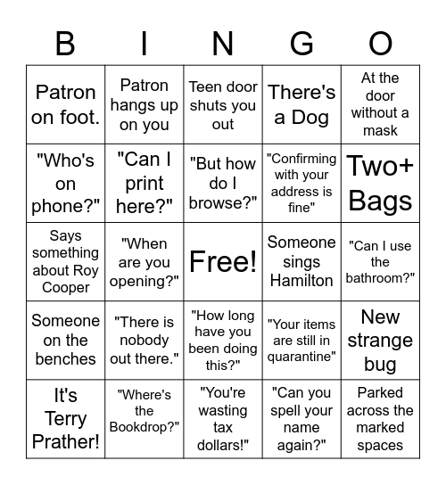 Curbside Pickup Bingo Card