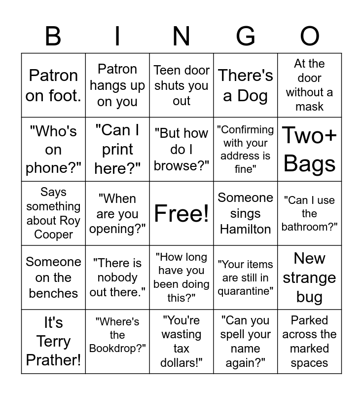 Curbside Pickup Bingo Card