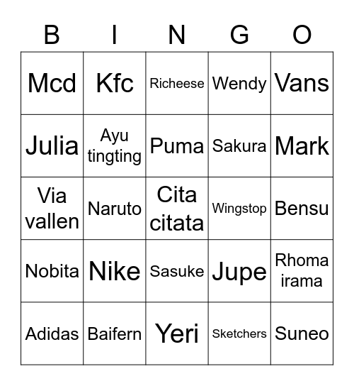Julia's Bingowww Bingo Card