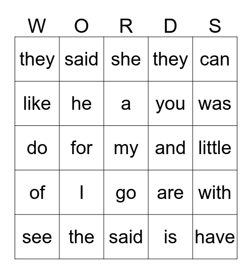 Sight Words(said) Bingo Card