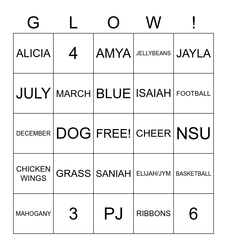BING GLOW!! Bingo Card