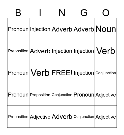 Parts of Speech Bingo Card