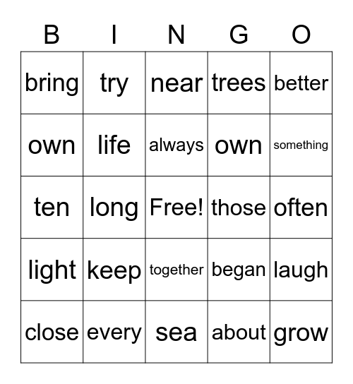 3rd Grade Sight Word Bingo Card